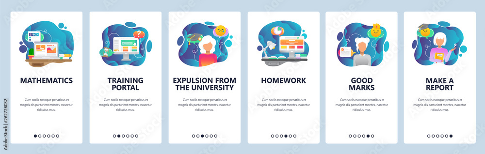 Mobile app onboarding screens. School and college education icons, math ...