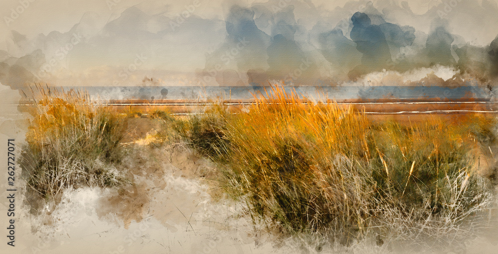 Watercolor painting of Beautiful sunrise over sand dunes system on ...