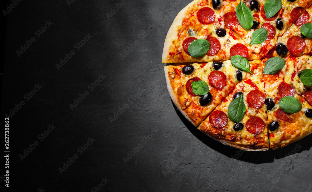 Pepperoni Pizza with Mozzarella cheese, salami, olive, pepper, Spices ...