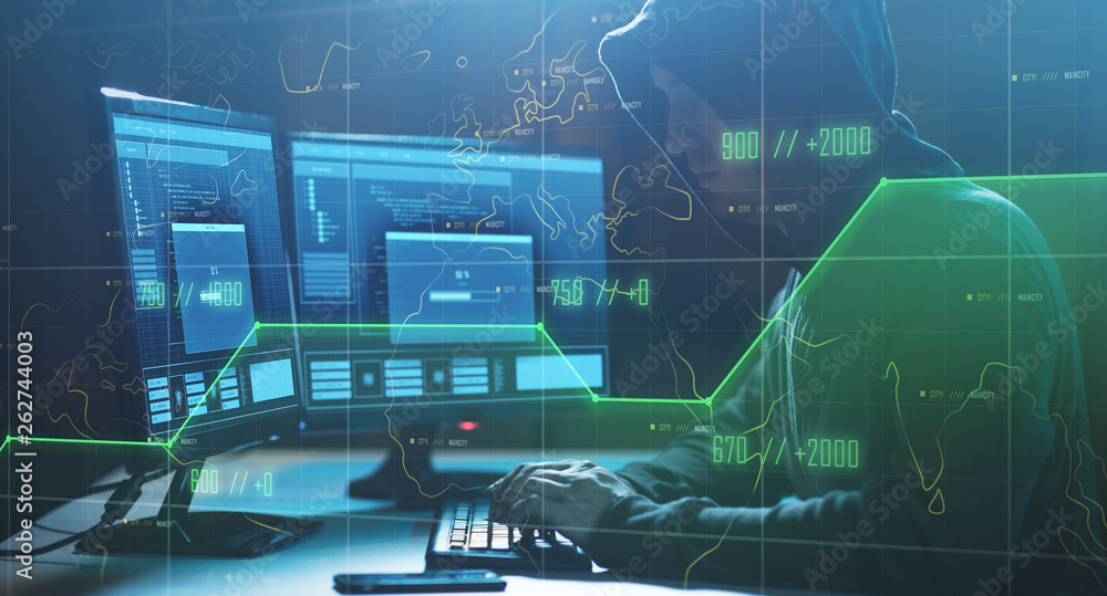 cybercrime, hacking and technology concept - male hacker with progress ...