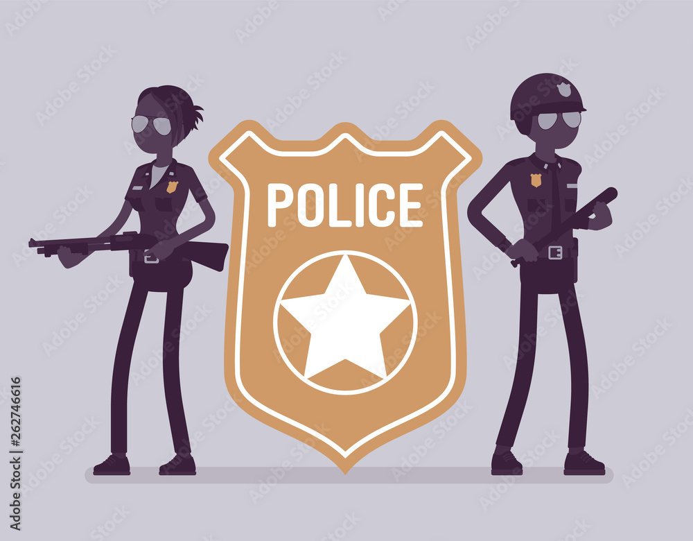 Police officer emblem and policemen. Male, female officers standing ...