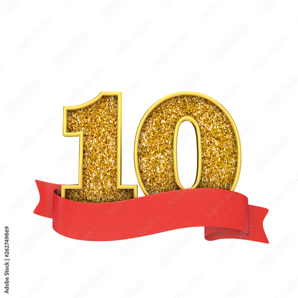Number 10 gold glitter celebration with a red scroll banner. 3D Render ...