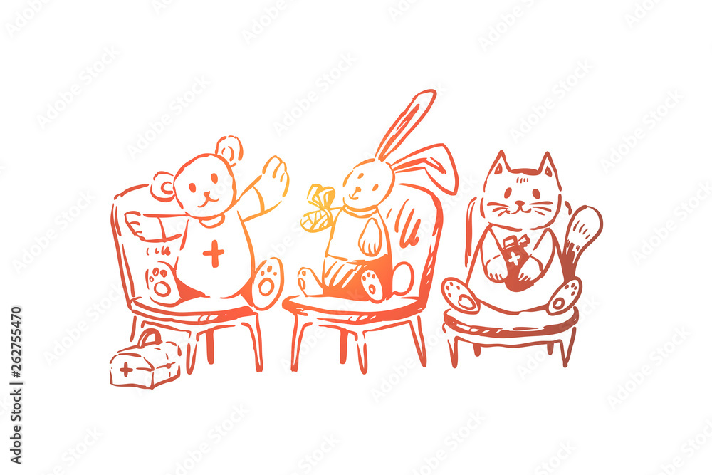 Cute animals, role playing, teddy bear, bunny and cat in bandages ...