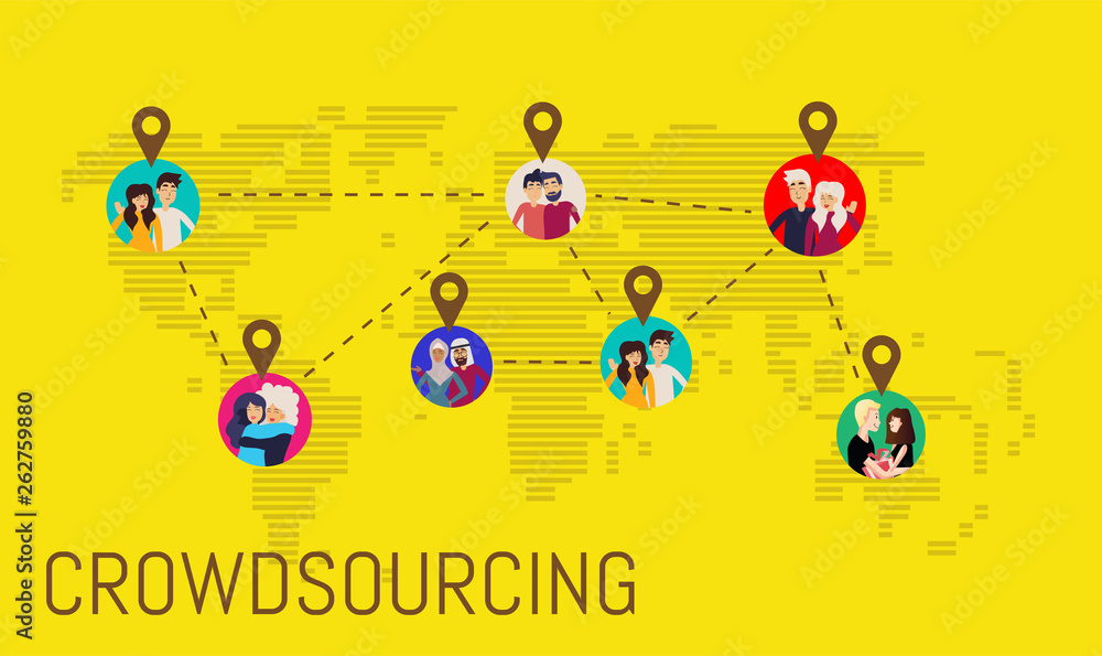 Design concept of crowdsourcing with dotted world map, different ...