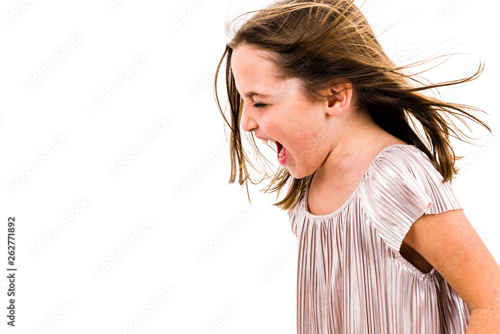 Little girl child yelling, shouting and screaming with bad manners ...