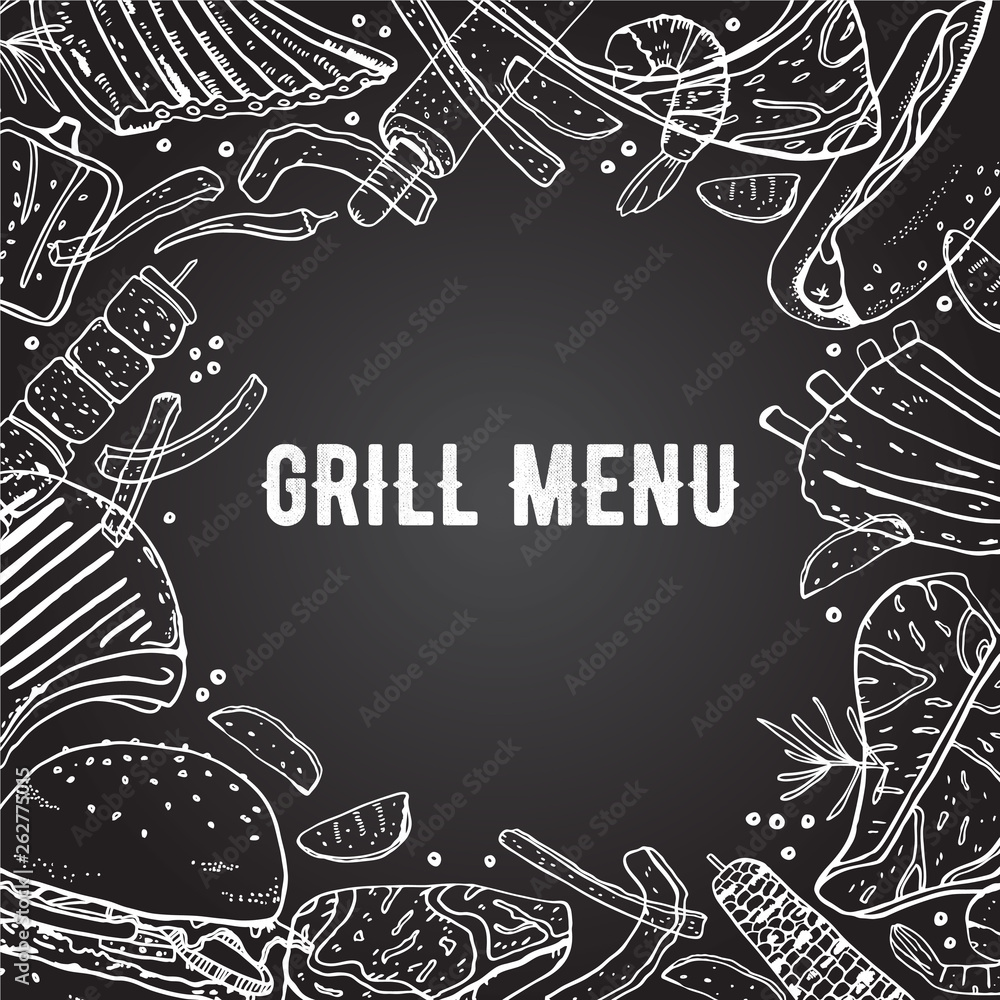 Frame with grill and barbecue food. Menu cover design template. Outline ...