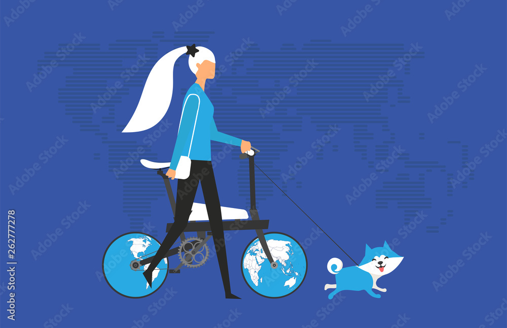 Cartoon picture with woman riding fast modern electric bicycle with ...