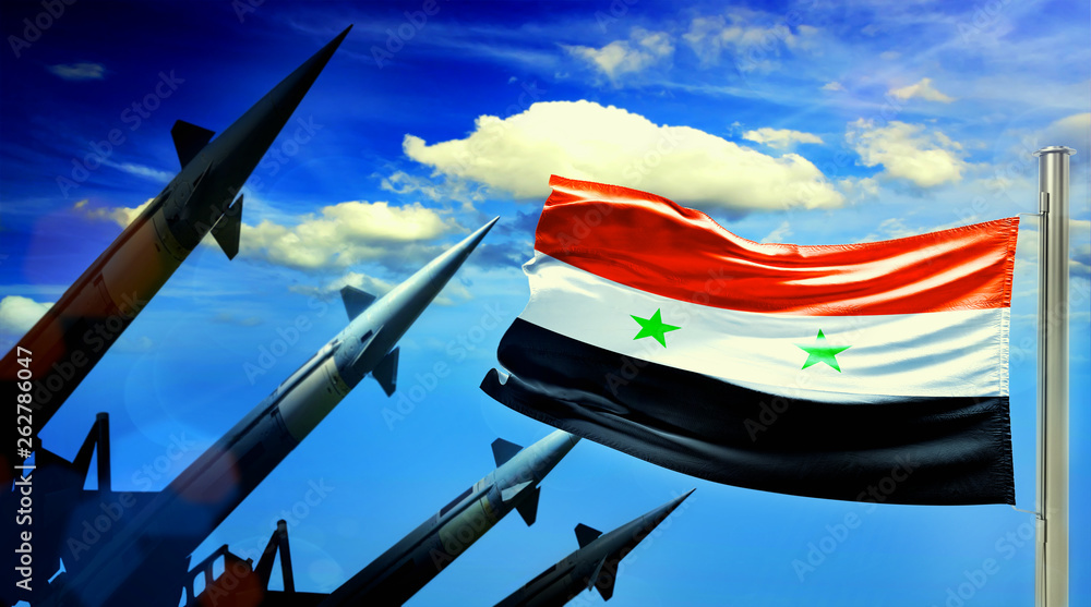 War in Syria. Flag of Syria and Nuclear missiles on sky background. War ...