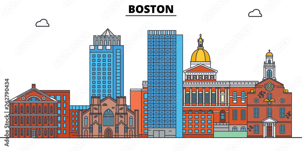 Boston,United States, flat landmarks vector illustration. Boston line ...