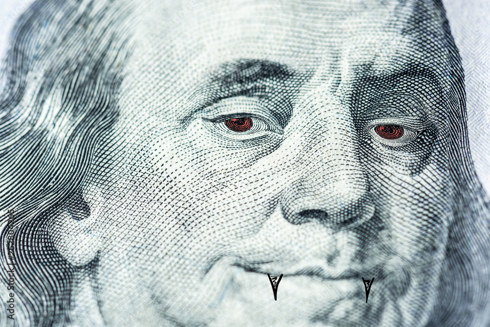 Benjamin Franklin's face with red eyes and fangs like a vampire, a ...