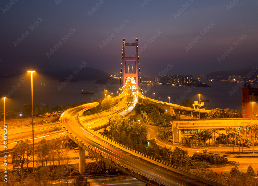 Aerial view of Tsing Ma Bridge. Highways in Hong kong with structure of ...