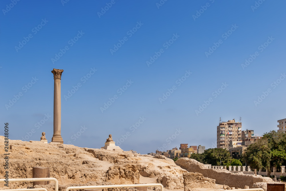 Pompey's Pillar, Roman triumphal column, with two Sphinx statues ...