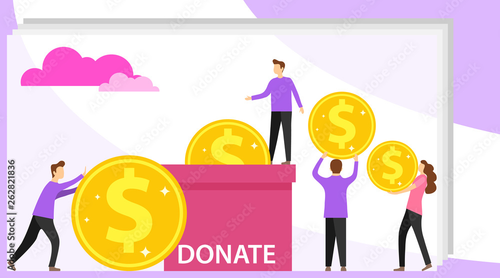 Donation of money. Mini people donate money to the box. Group of donors ...