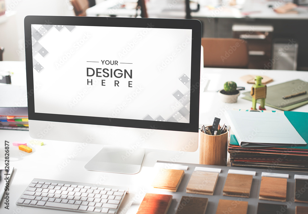 Workspace With Computer Screen Mockup Stock Template | Adobe Stock