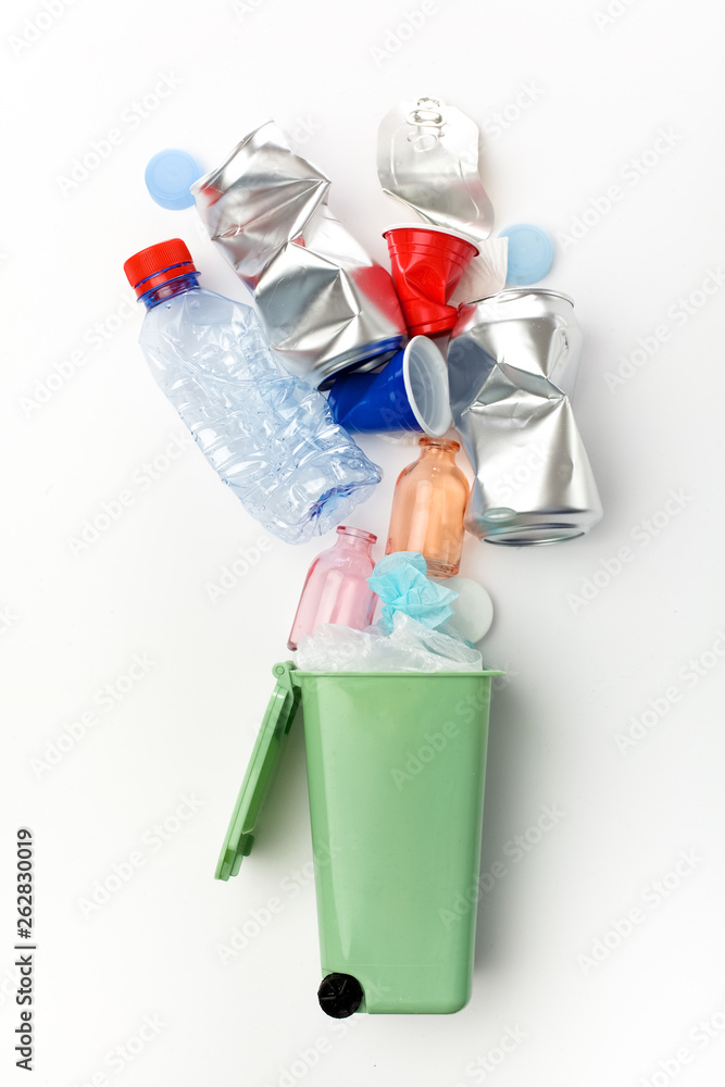 sorting of garbage types. Waste management concept. Top view Stock ...