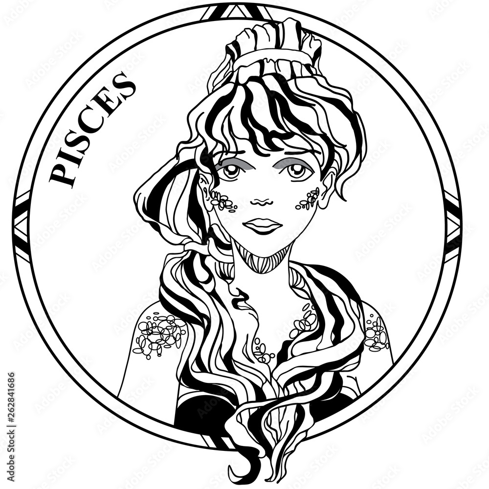 Vector illustration of sign zodiac Pisces. Beautiful girl with hair in ...
