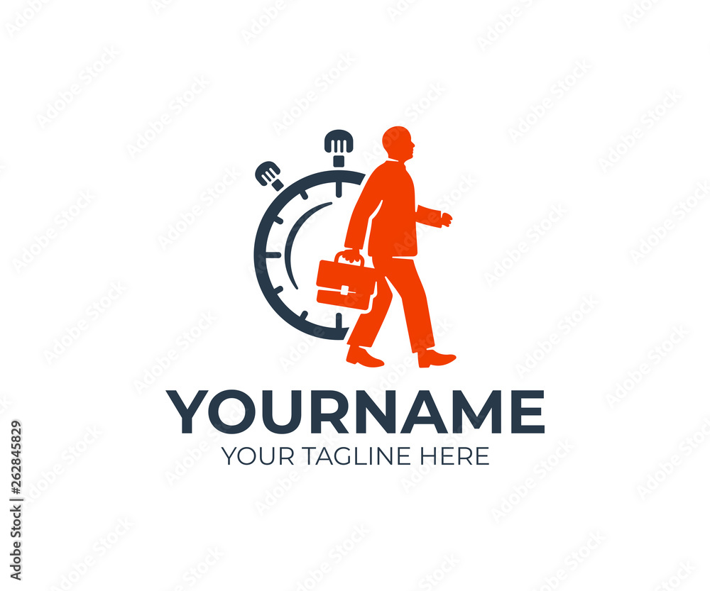 Businessman with portfolio, time watch and stopwatch, logo design. Job ...