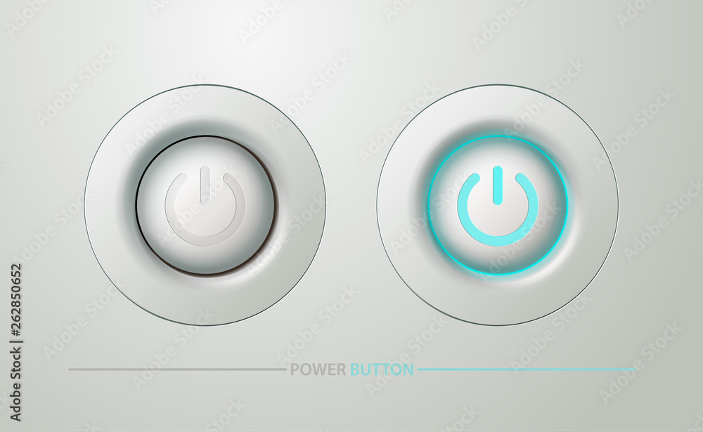 Plastic round white power button in the on and off position. Realistic ...
