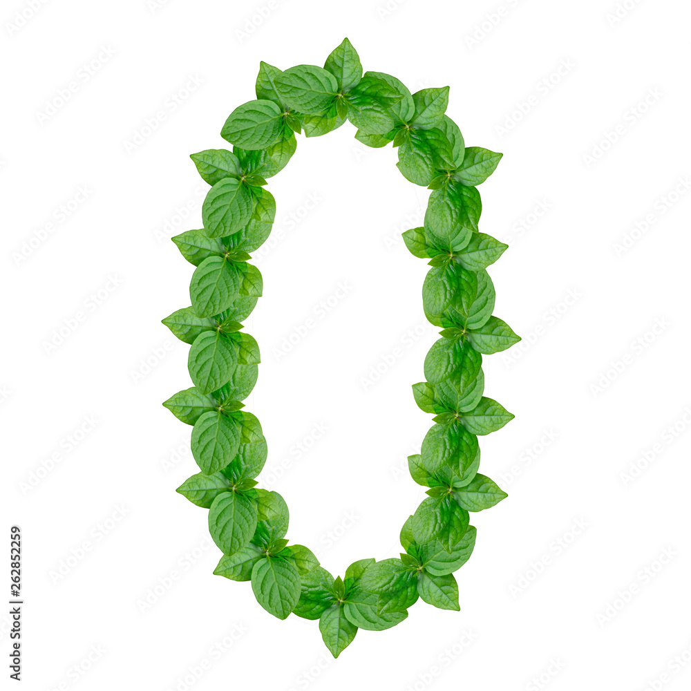 Number 0 made from green leaves of persimmon, alphabet on isolated ...