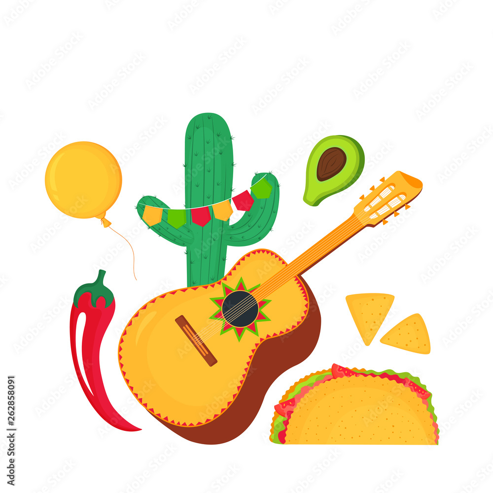 Cinco de Mayo. 5th of May. Guitarron, cactus, chili, taco, nachos ...