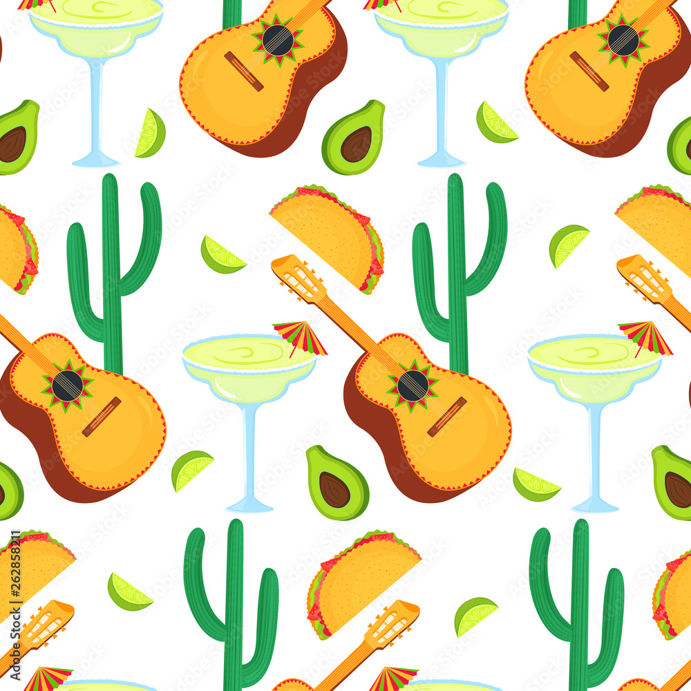 Cinco de Mayo. 5th of May. Guitarron, cactus, taco, avocado, margarita ...