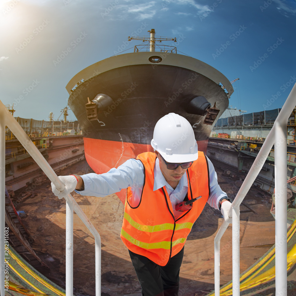 Stevedore, port controller, Port Master, surveyor inspect the bulk head ...