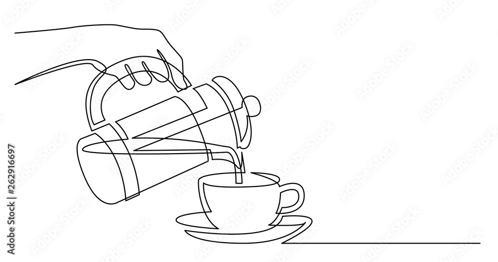 continuous line drawing of hand holding french press pouring coffee in ...