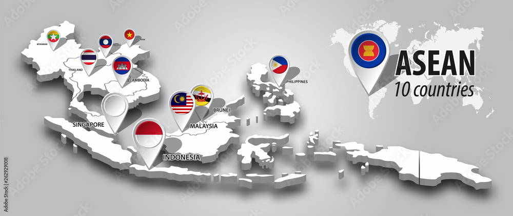 ASEAN and membership flag on 3D map Southeast asia perspective view and ...