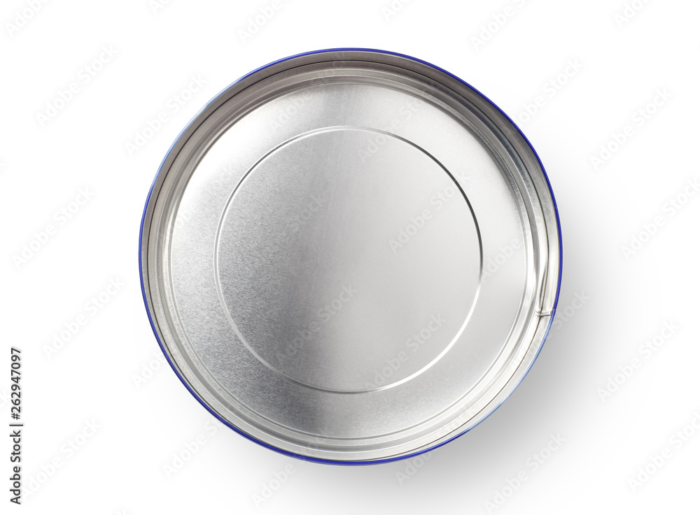 Top view of round metal box isolated on white background Stock Photo ...