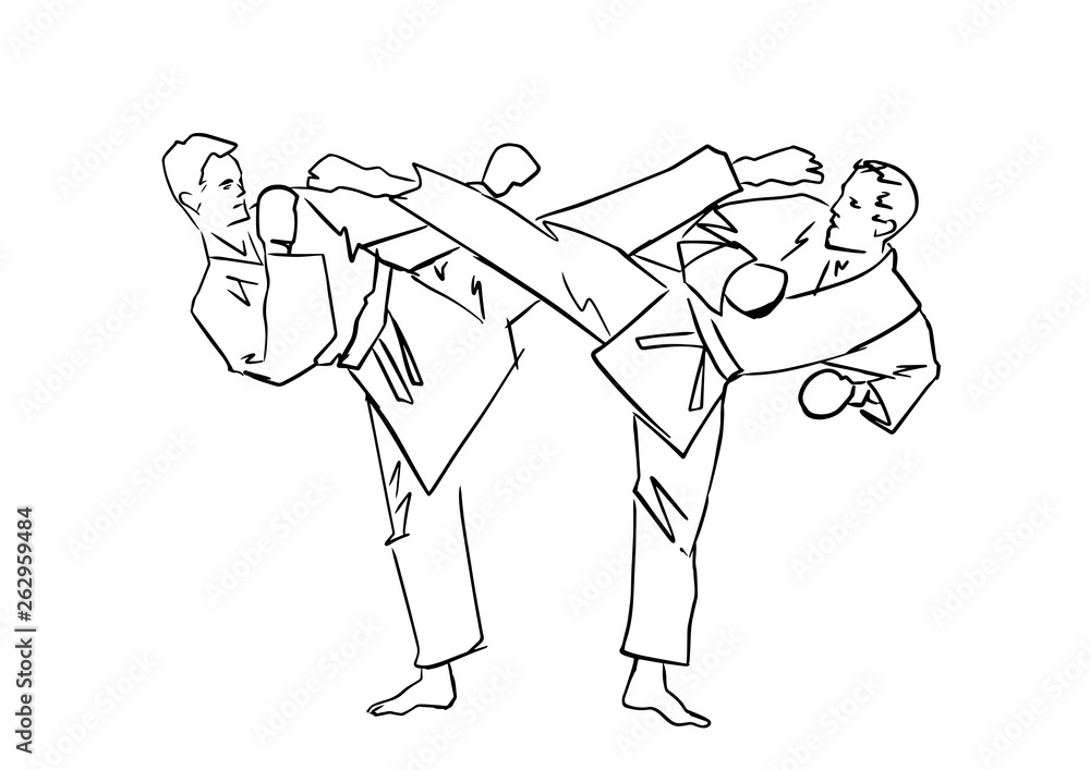 Adult male athletes in kimono. Hand drawn outlines. Martial arts. Black ...