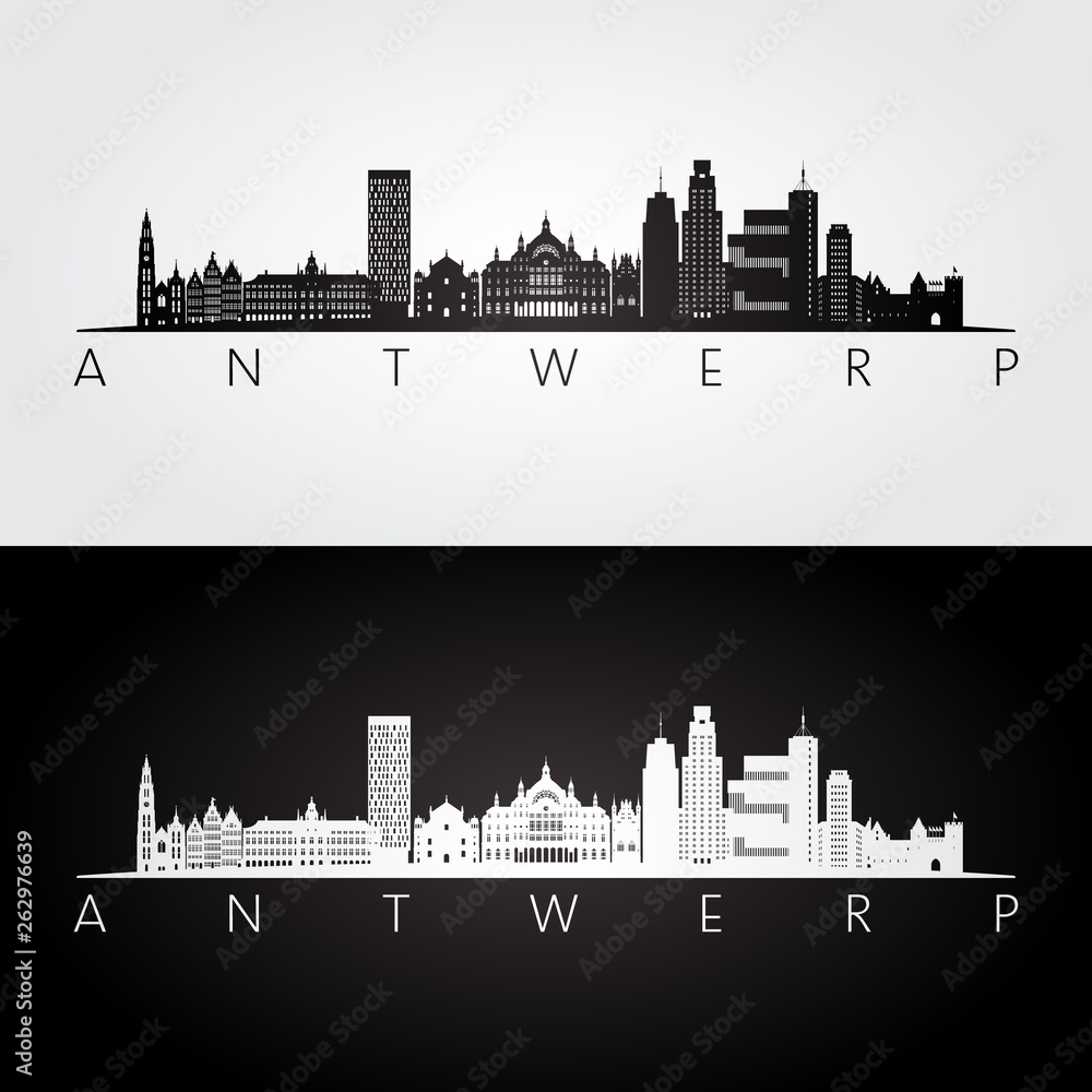 Antwerp skyline and landmarks silhouette, black and white design ...
