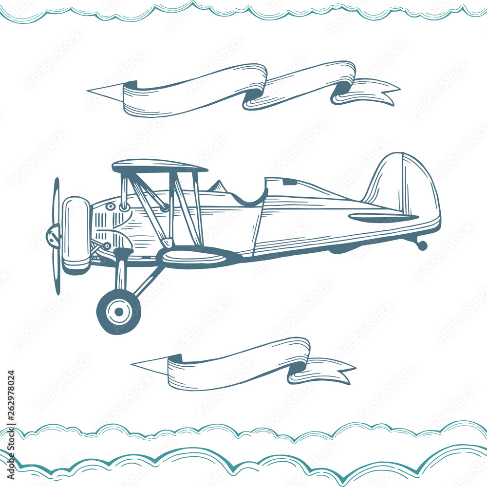 Airplane. Hand drawn biplane illustration with advertising banners ...