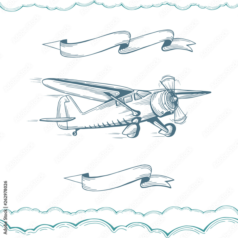 Airplane. Hand drawn biplane illustration with advertising banners ...