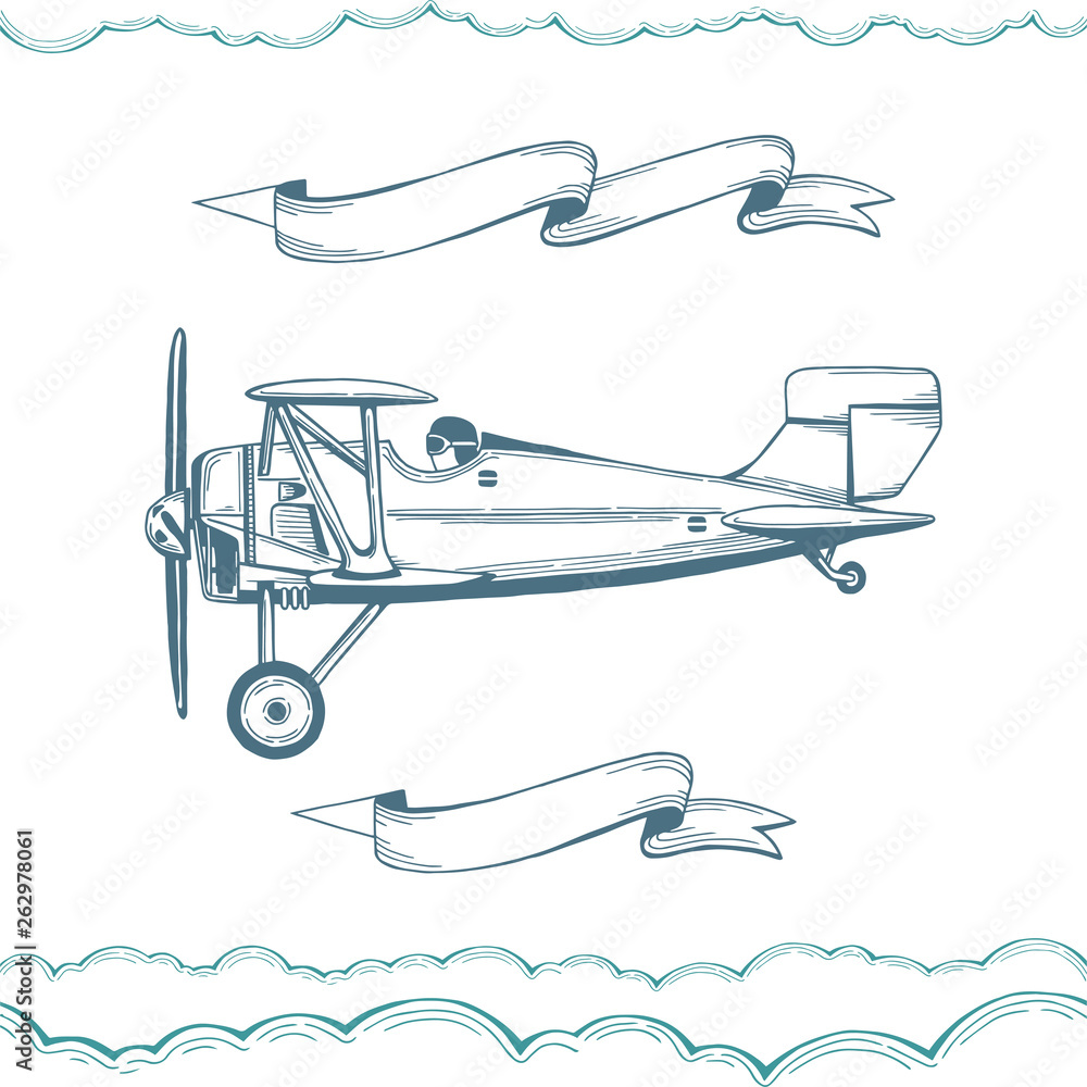 Airplane. Hand drawn biplane illustration with advertising banners ...