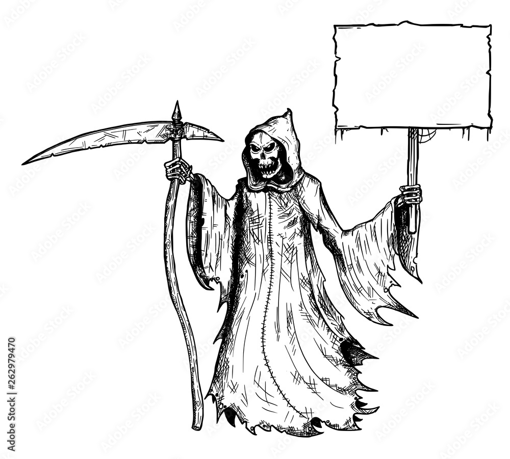 Cartoon stick figure drawing conceptual illustration of grim reaper ...