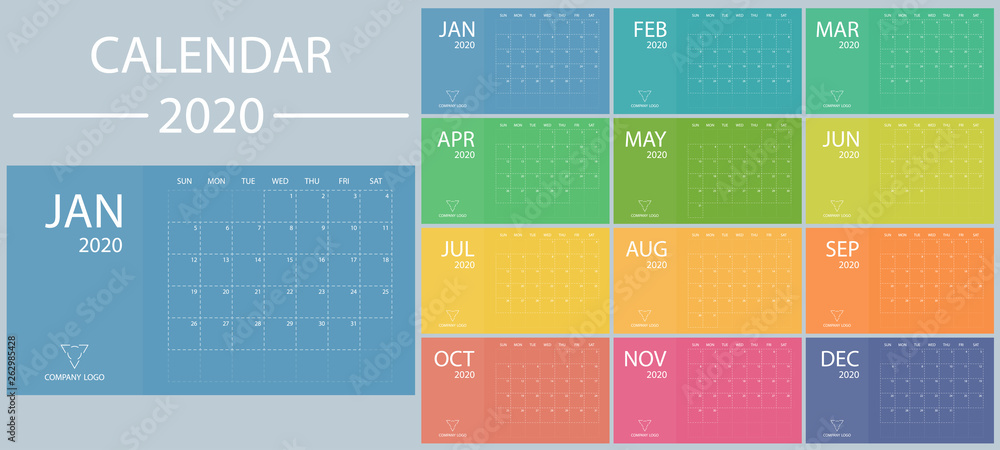 Calendar 2020 with week starts on Sunday. Minimal planner vector ...