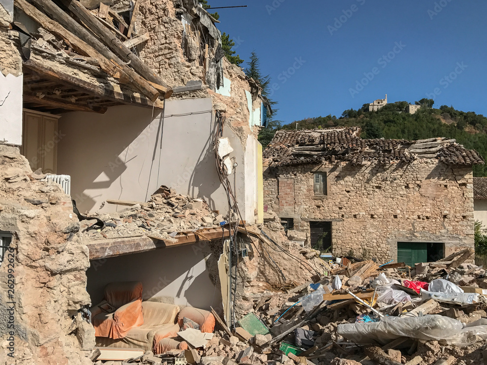 A badly damaged house in rural Italy after an earthquake, the external ...