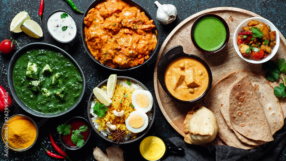 Indian cuisine dishes: tikka masala, dal, paneer, samosa, chapati ...