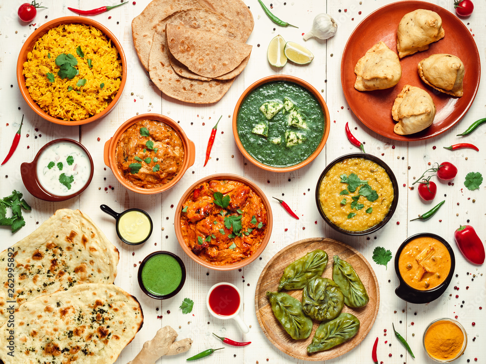 Indian cuisine dishes: tikka masala, dal, paneer, samosa, chapati ...