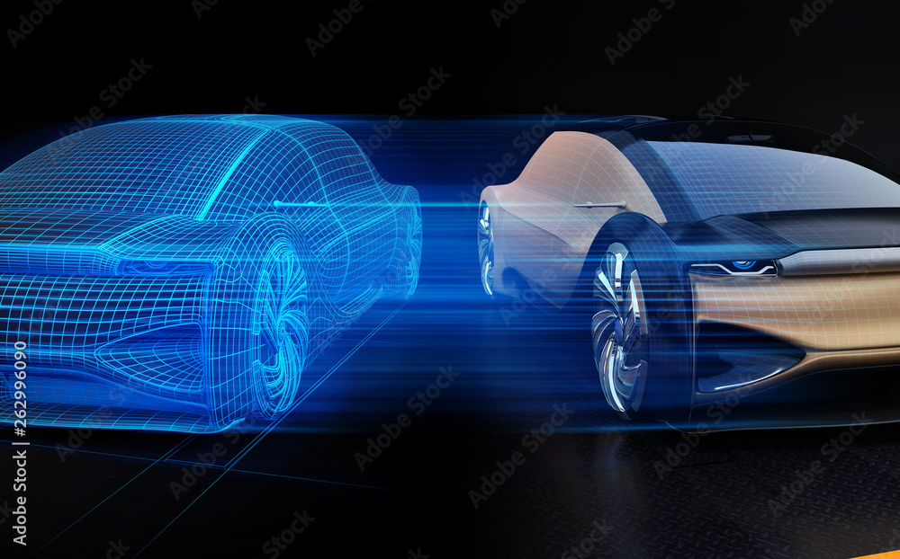 Autonomous electric car and wireframe rendering of the car body on ...