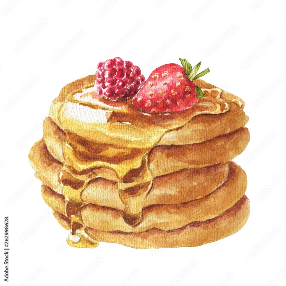 Hand drawn watercolor pancakes with syrup, strawberry and raspberry ...