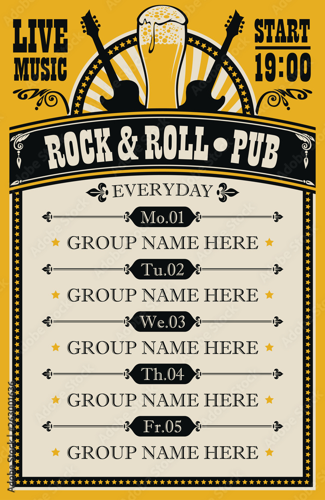 Vector poster for music rock and roll pub with live music with beer ...