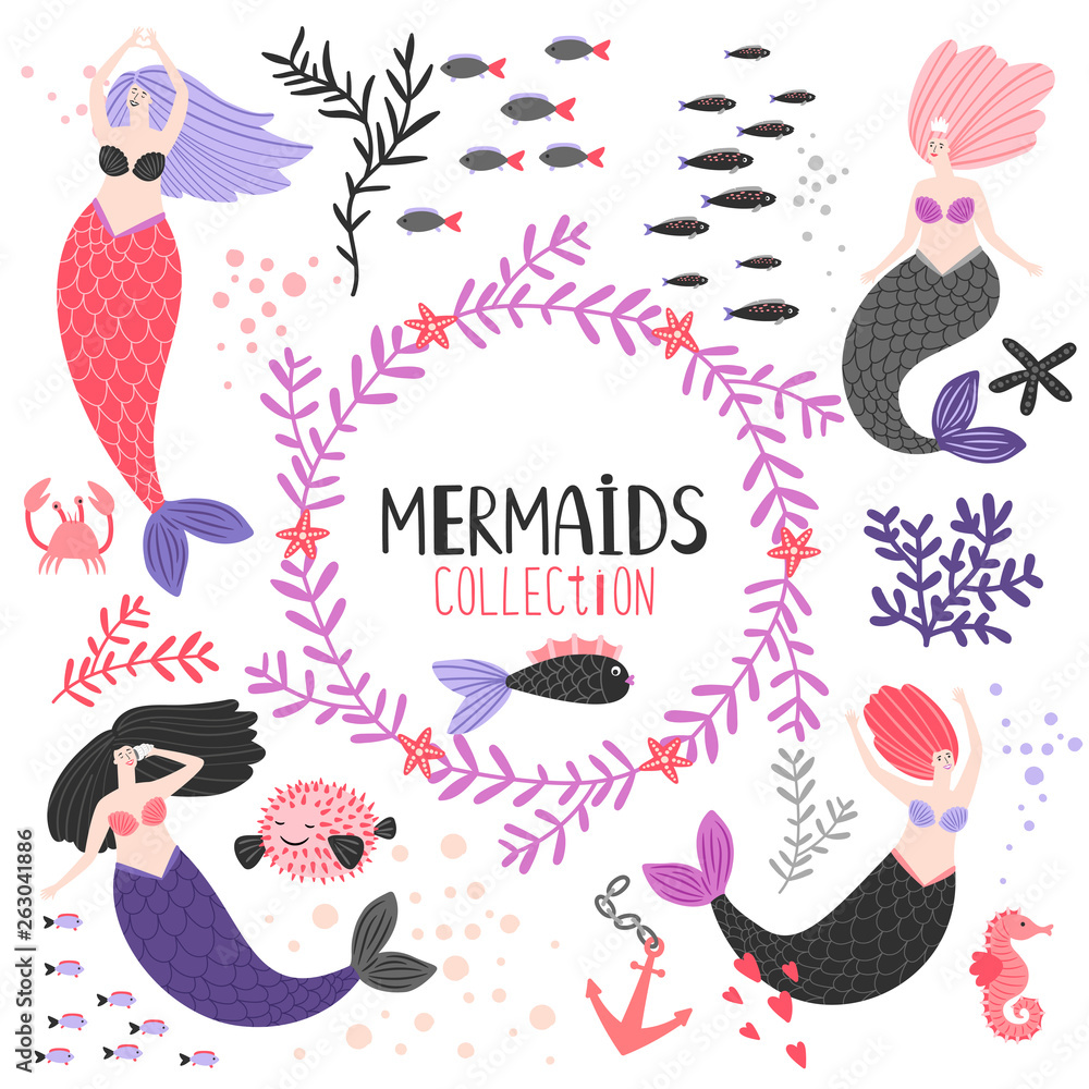 Cartoon character mermaids and fishes vector collection on white ...