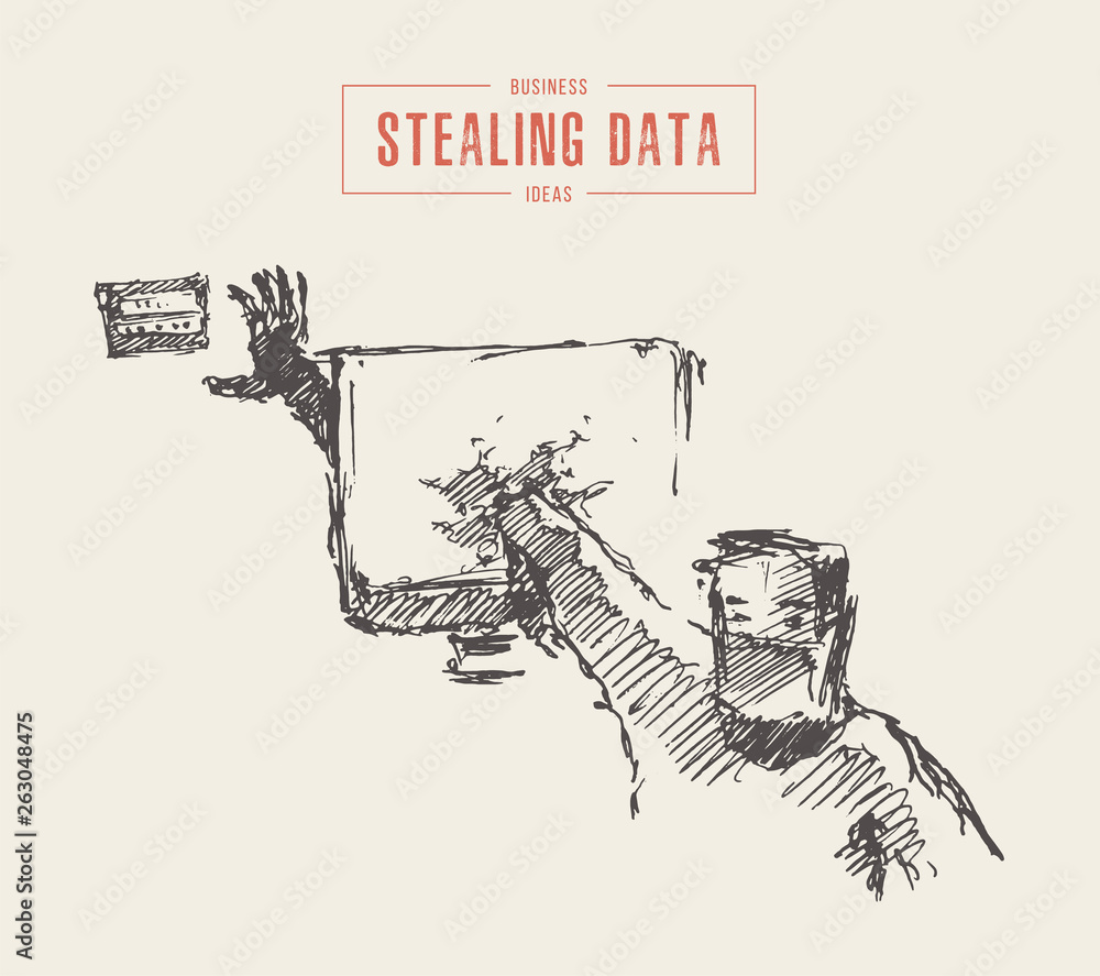 Hacker steals data computer cybercrime draw vector Stock Vector | Adobe Stock
