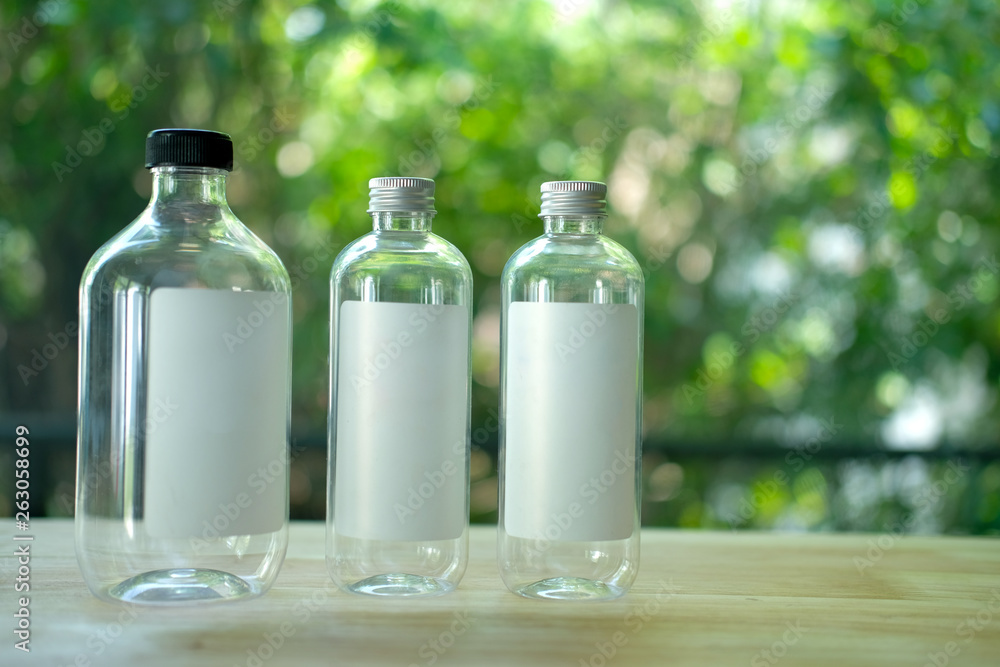 Plastic bottles packages with labels Stock Photo | Adobe Stock