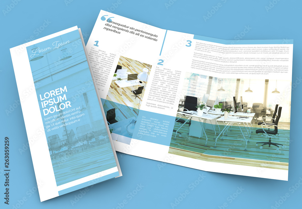 Trifold Brochure Layout with Blue Accents Stock Template | Adobe Stock