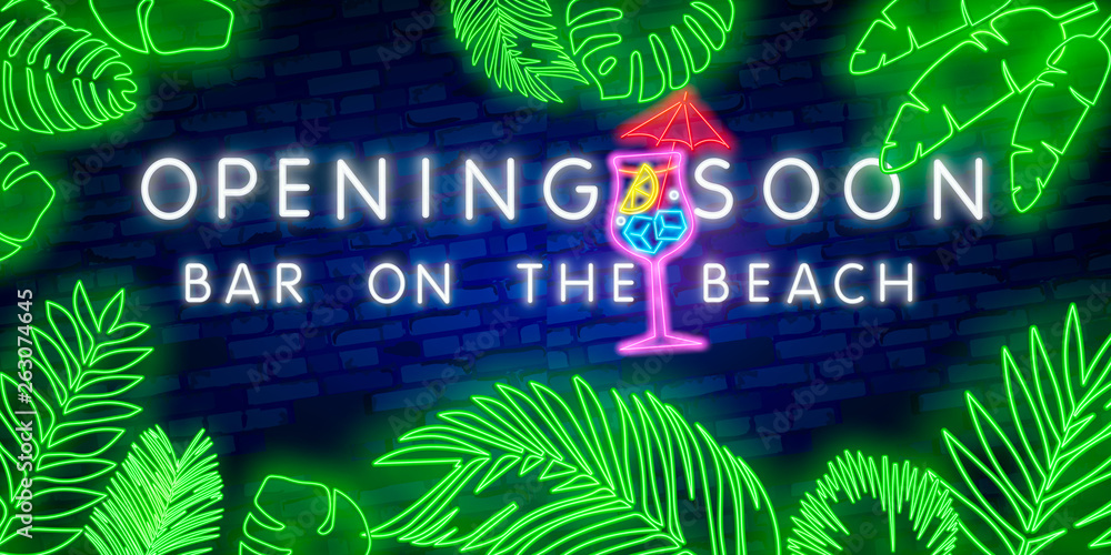 Beach bar neon sign, bright signboard, light banner. Beach pub logo ...