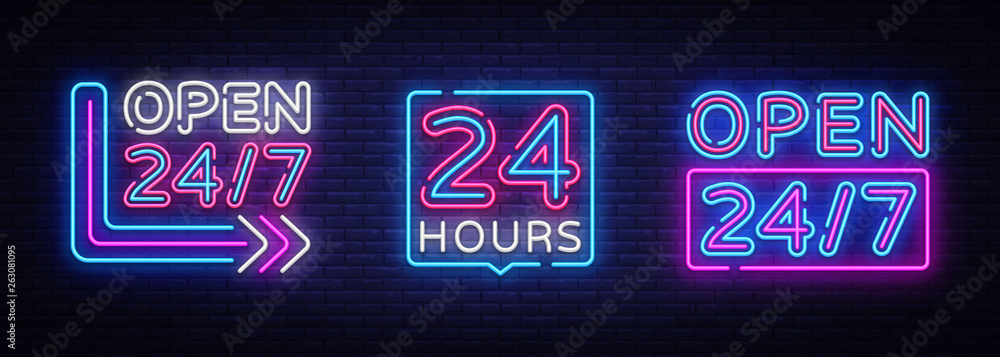 24 hours Neon signboards set Vector. Open all day neon signs, design ...