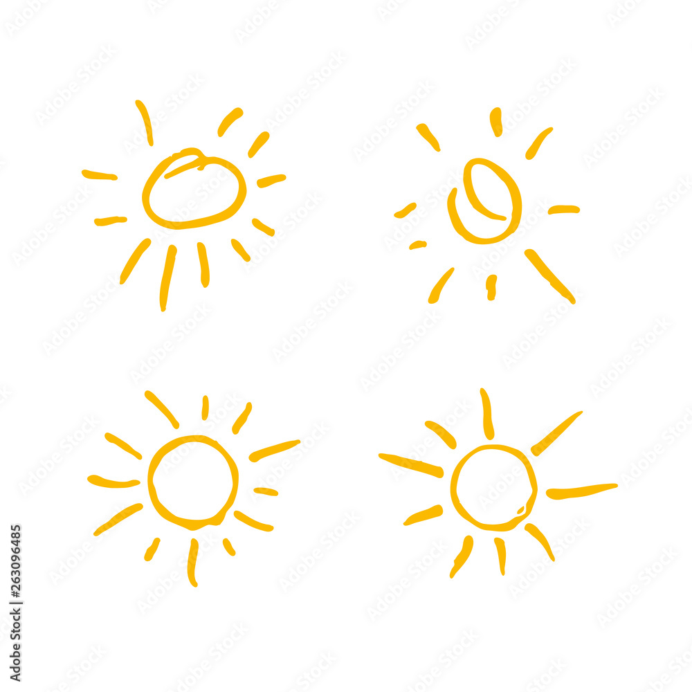Hand Drawn Solar Symbols Line Art. Four painted suns. Vector set of ...