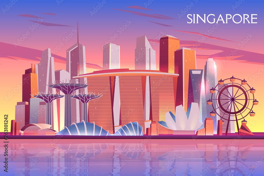 Singapore evening, morning skyline with futuristic skyscraper buildings ...